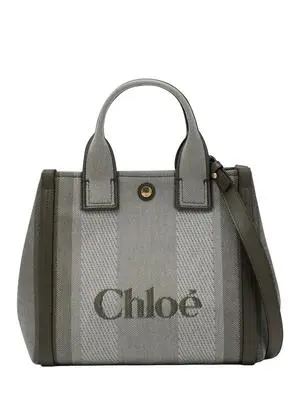 Chloé Carry Small Tote Bag In Dark Green Striped Canvas - Blue