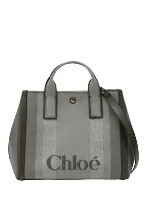Chloé Carry Tote Bag In Dark Green Striped Canvas - Blue