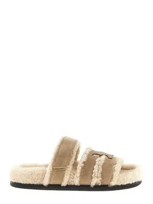 Tory Burch Ines Shearling-lined Suede Slides - Beige