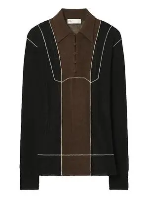 Tory Burch Colorblock Wool Pullover Black/chocolate Brown