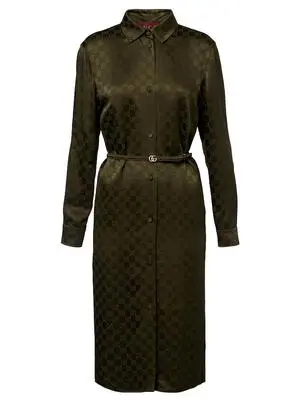 Gucci Gg Belted Satin Jacquard Shirt Dress - Green