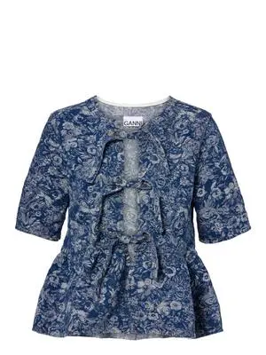GANNI Peplum Tapestry Cotton Blouse - Blue