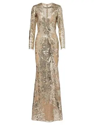 Elie Saab Embroidered Sequined Tulle Gown - Gold