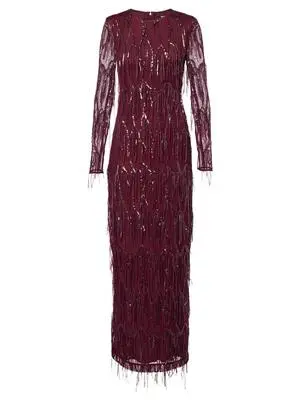 Remain Birger Christensen Fringed Sequined Mesh Gown - Burgundy
