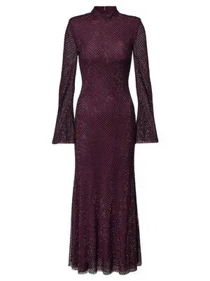 SELF-PORTRAIT Rhinestone Mesh Maxi Dress - Burgundy