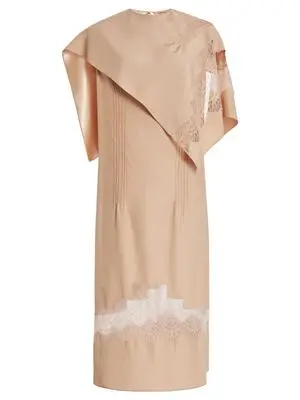 FERRAGAMO Lace-trimmed Organic Silk Midi Dress With Capelet - Neutral