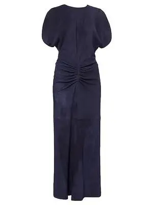 Victoria Beckham Gathered-waist Velvet Midi Dress - Navy