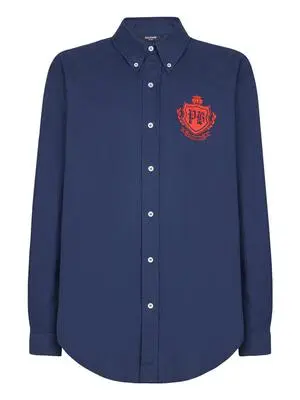 Balmain Apos;s Oxford Cotton College Emblem Button-down Shirt - Blue