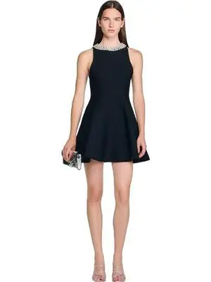 Sandro Mini Dress With Rhinestone Collar - Black