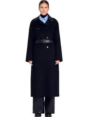 Sandro Wool Trench Coat With Leather Collar - Black