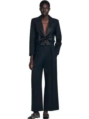 SANDRO Sandro Black Satin Bow Cropped Blazer