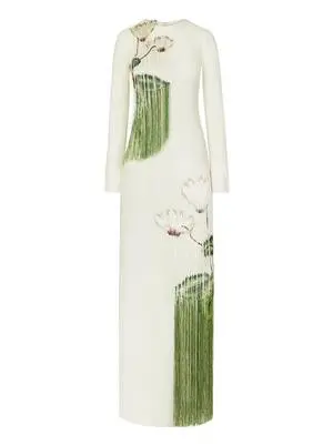 OSCAR DE LA RENTA Chiné Cyclamen Threadwork Fringe Caftan