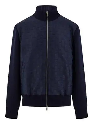 FERRAGAMO Monogram Jacquard Knit Bomber Jacket - Navy