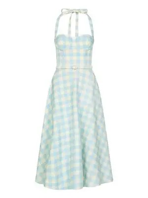Oscar De La Renta Gingham Bustier Wool-Blend Dress Blue