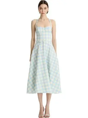 Oscar De La Renta Gingham Bustier Wool-Blend Dress Natural