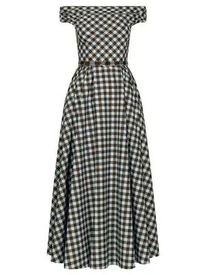 Oscar De La Renta Gingham Cotton Poplin Off-shoulder Dress - Blue