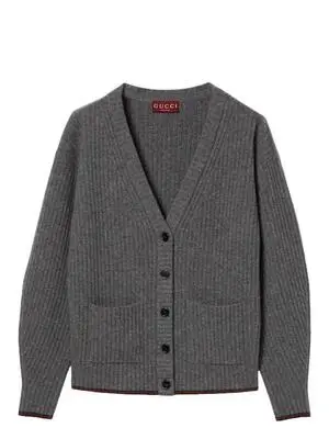 Gucci Rib Felted Wool Cardigan With Web - Grey