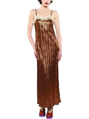 Anna Sui Pleated Lace Slip Maxi Dress - Bronze