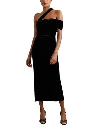 REISS Dalia Velvet One Shoulder Midi Dress - Black