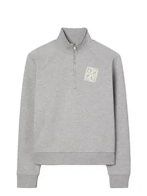 Tory Burch Embroidered French Terry Quarter-zip Sweatshirt - Medium Heather Gray