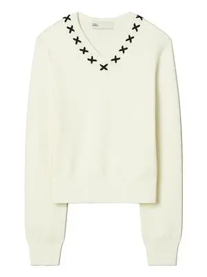 Tory Burch Embroidered Wool Sweater - New Ivory