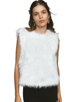 Maeve Shimmered Faux Fur Sleeveless Mock-neck Top - White