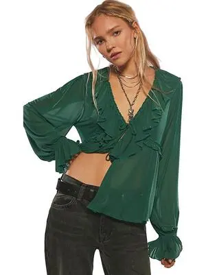 Free People Long Sleeve Peplum Top Uncut Emerald