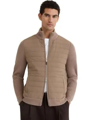 REISS Quilted Rib-knit Funnel-neck Jacket - Taupe Brown