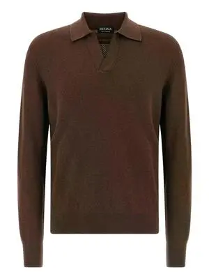 Zegna Oasi Jacquard V-neck Polo Shirt - Brown