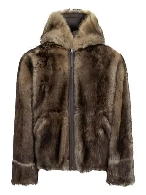 YVES SALOMON Hooded Lamb Fur Jacket - Brown