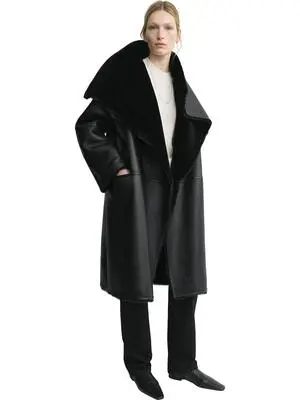 TOTÊME Shearling Leather Wrap Coat - Black