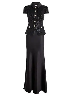 SELF-PORTRAIT Satin Sequin-embellished Maxi Dress - Black