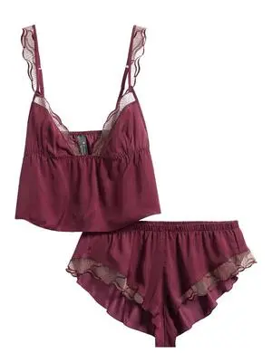 Bluebella Marabel Embroidered Trim Satin Camisole & Shorts Set - Cherry Lacquer/sheer