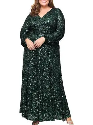 Alex Evenings Sequin Long Sleeve Gown - Emerald Green