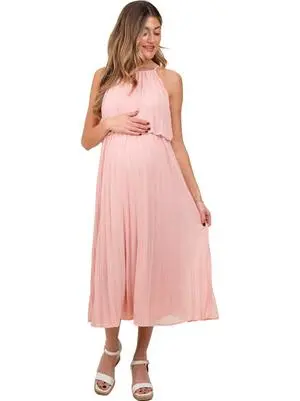 PINKBLUSH Pleated Woven Maternity Midi Dress - Pink