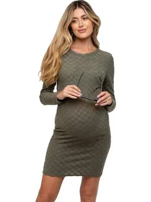 PINKBLUSH Soft Brushed Knit Long Sleeve Dress - Olive Green