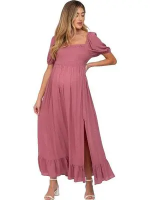 PINKBLUSH Swiss Dot Square Neck Smocked Maxi Dress - Mauve