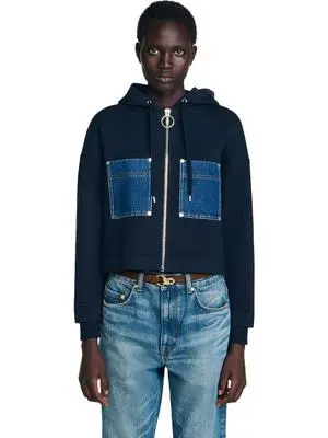 Sandro Knit Hoodie With Denim Pockets - Navy Blue