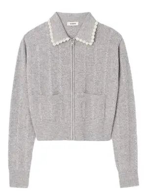 Sandro Cable Knit Cardigan With Beaded Collar - Grey