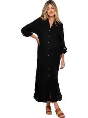 PINKBLUSH Button Down 3/4 Sleeve Midi Dress - Black