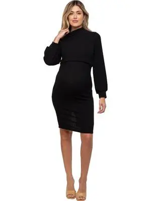 PINKBLUSH Rib Knit Mock Neck Nursing Dress - Black