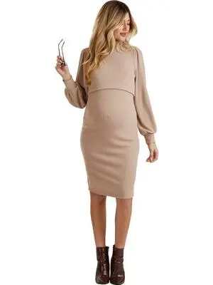 PINKBLUSH Rib Knit Mock Neck Nursing Dress - Taupe