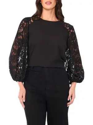 Vince Camuto Lace Sleeve Top - Rich Black