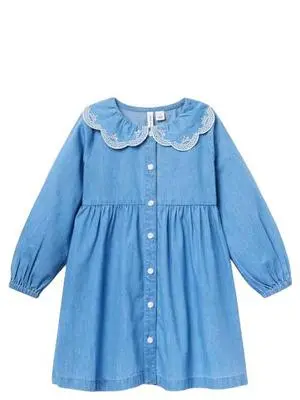 Janie And Jack Chambray Embroidered Collar Dress - Blue