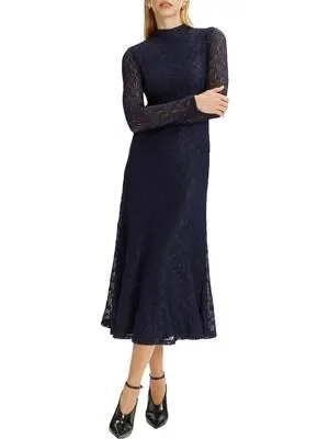 Bardot Ola Floral Lace Long Sleeve Midi Dress - Navy