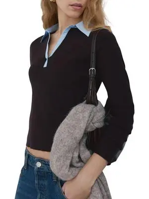 Mango Mixed Media Collar Sweater - Chocolate