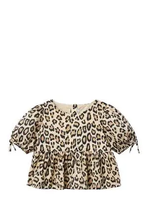 Janie And Jack Leopard Puff Sleeve Peplum Top - Beige