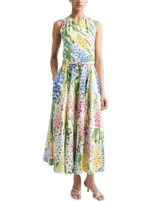 Oscar De La Renta Foxglove Belted Halter Dress - White Multi