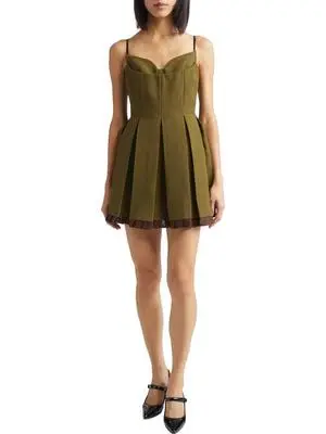 SHUSHU/TONG Pleated Wool Grain De Poudre Minidress Green