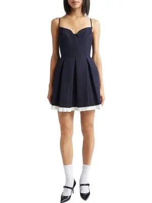 SHUSHU/TONG Pleated Wool Grain De Poudre Minidress Navy Blue